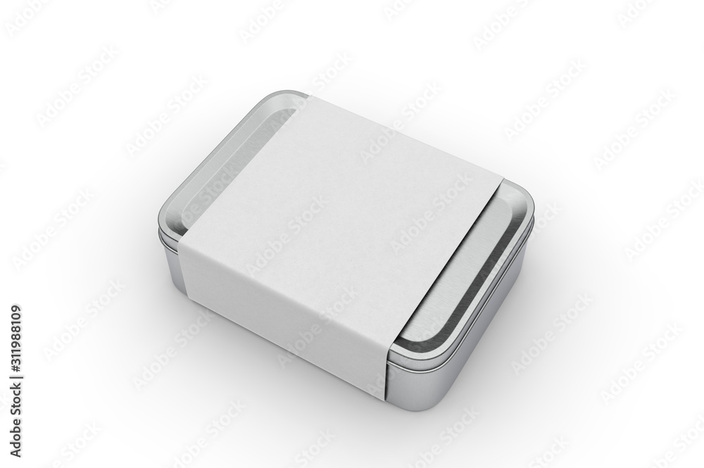 Blank tin box with sleeve paper label for branding, 3d render ...
