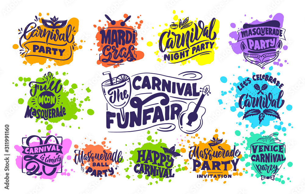 Carnival collection emblems, labels, badges, logos, stamps, phrases ...