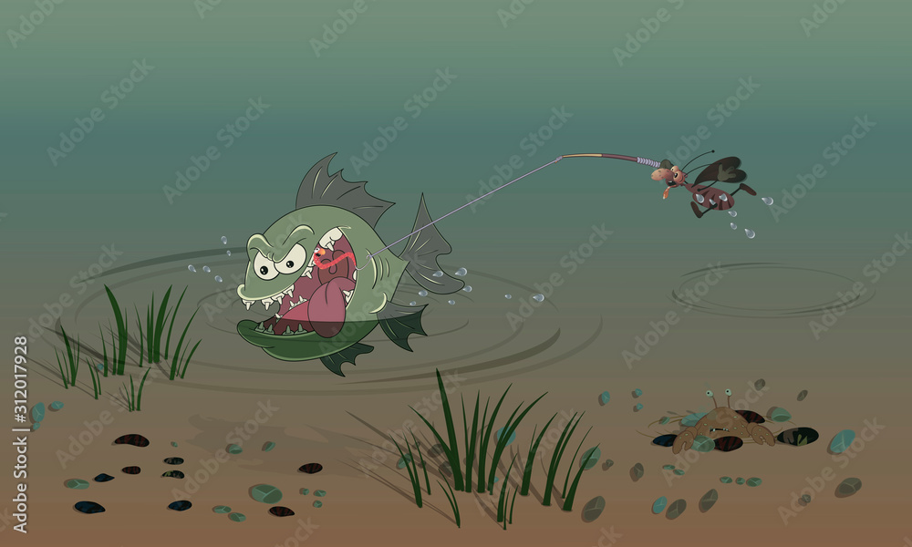 Cockroach fishing. Scene on the theme of nature and water life. Vector ...