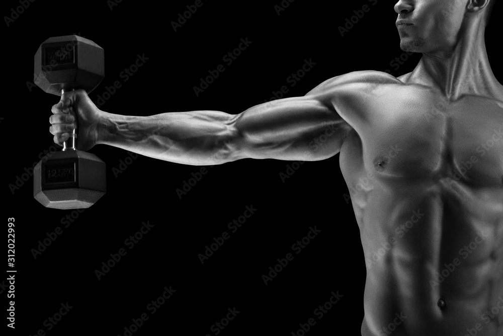 Close-up of a power fitness man's hand with dumbbell. Strong ...