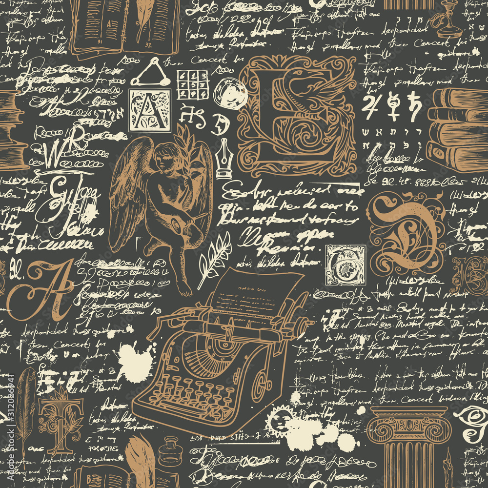 Vector seamless pattern on a writers theme. Abstract background with ...