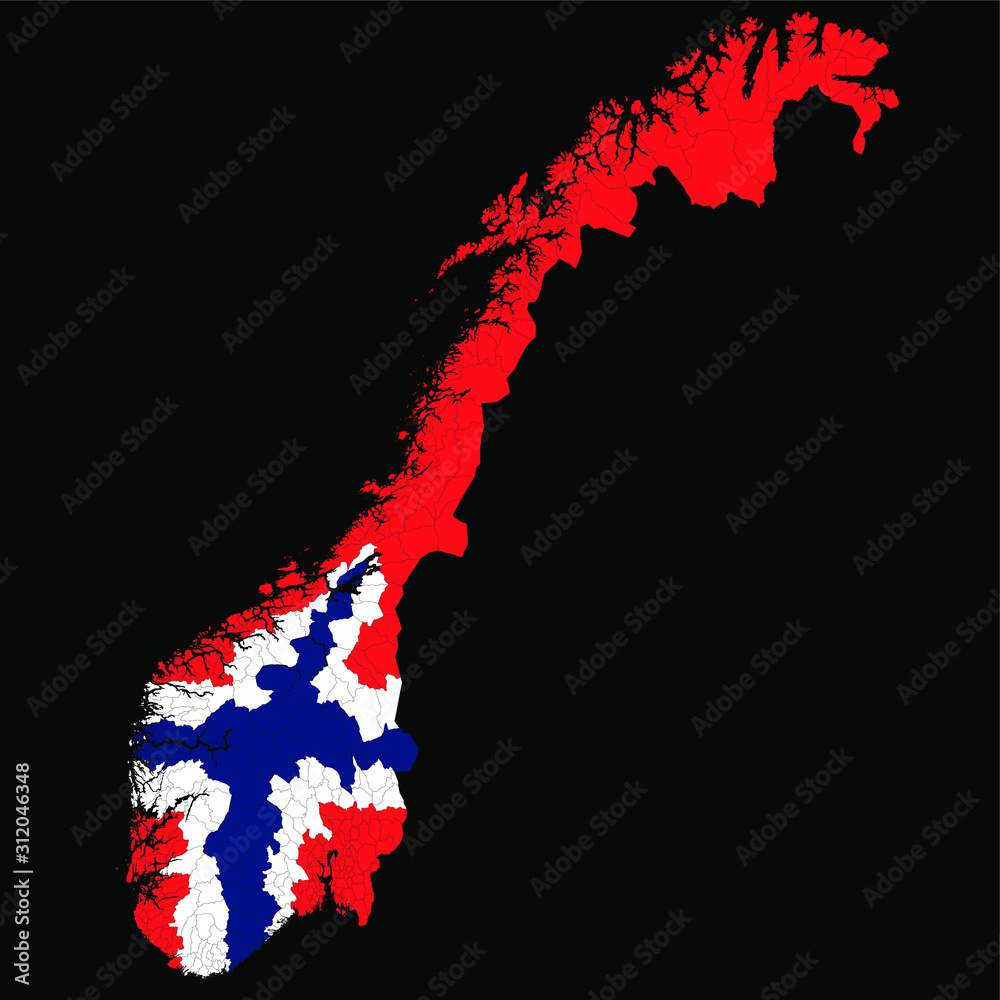 Vector map of administrative regions of Norway in colors of Norwegian ...