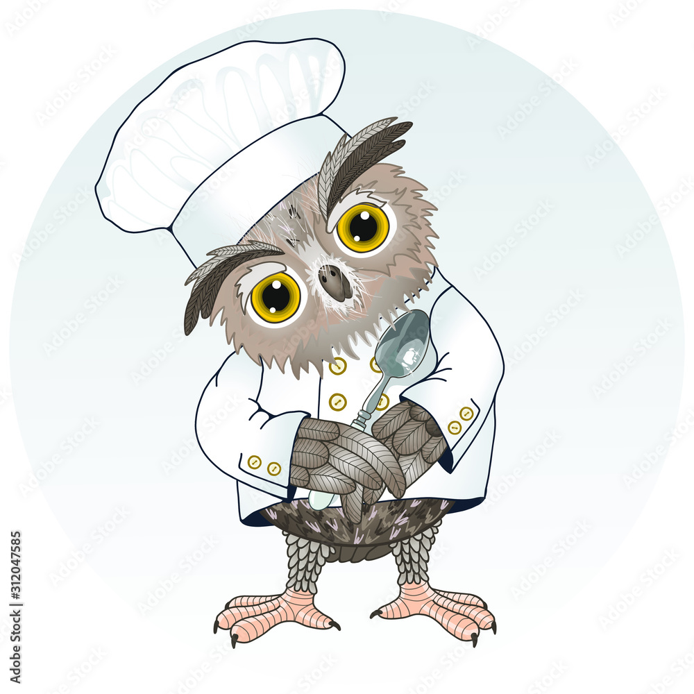 Owl Chief Cook dressed in a wight hat and uniform, is standing in ...