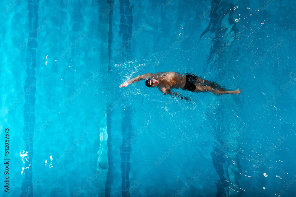 Poster top view of handsome swimmer doing backstroke swimming in ...