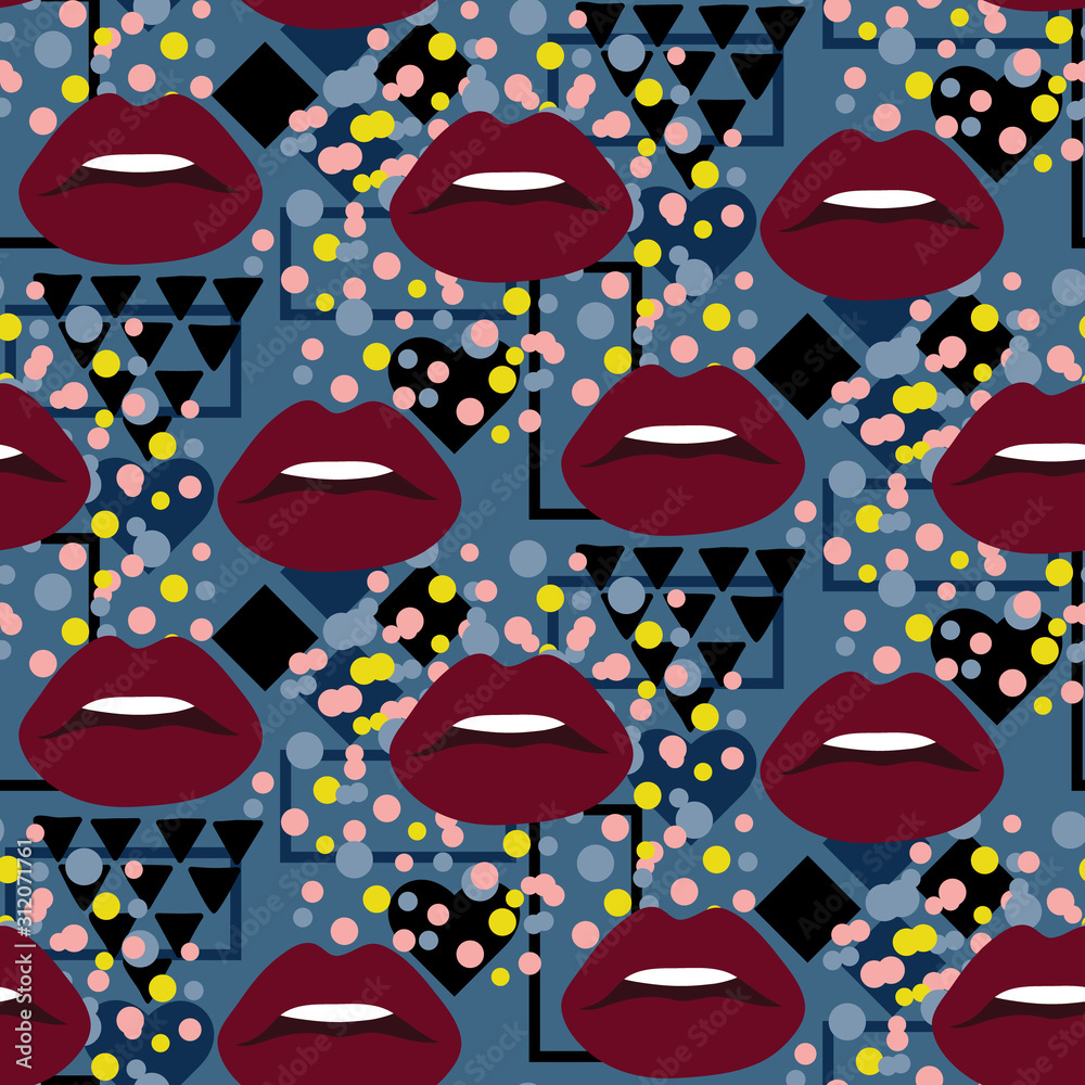 seamless repeat pattern with lips, hearts and geometric shapes Stock ...