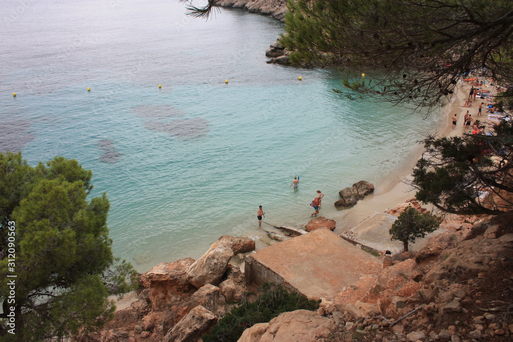 the beautiful and famous bay of cala saladeta of ibiza seen from above ...