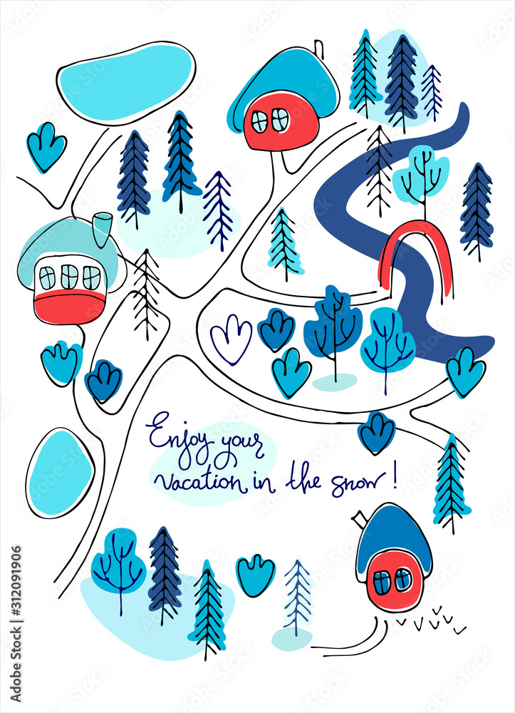 Enjoy your vacation in the snow. Countryside map in cartoon style and ...