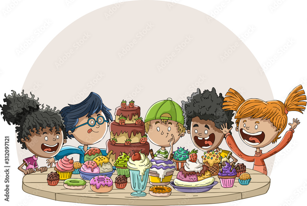 Cartoon children around table with desserts. Birthday party table with ...