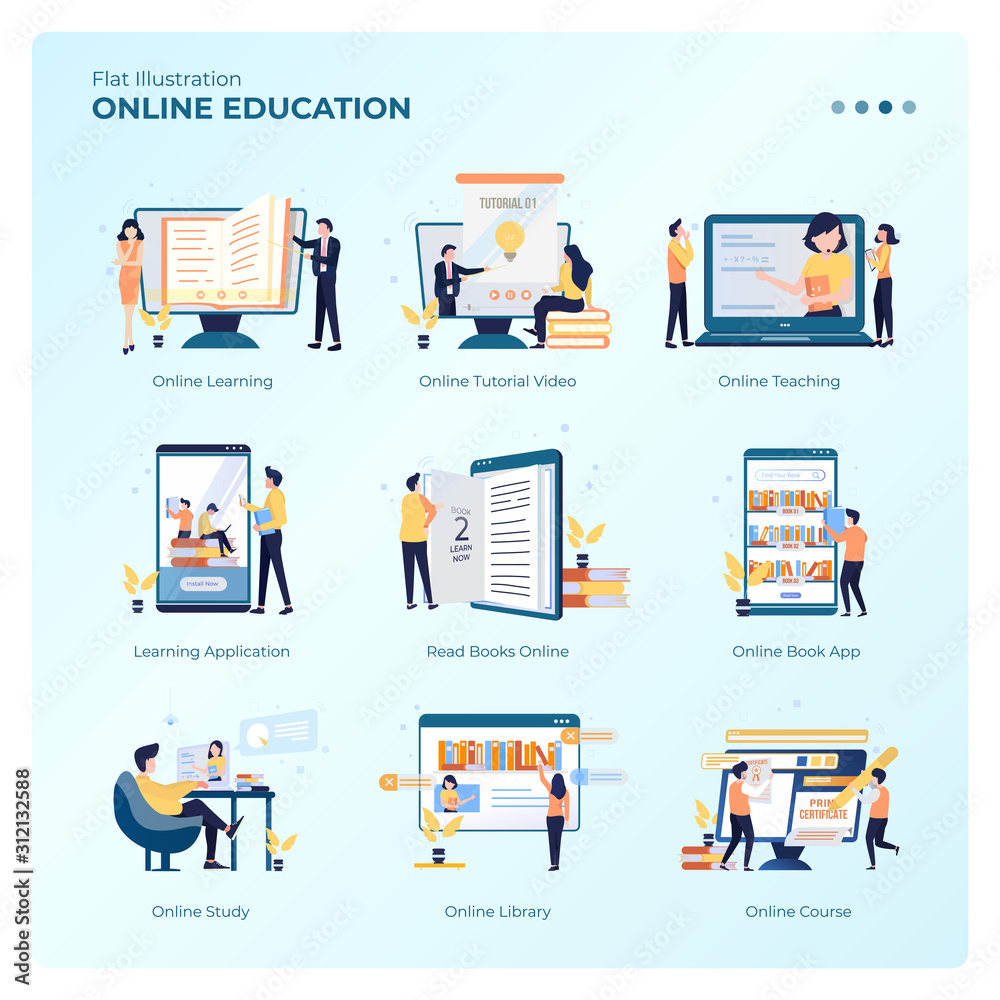 Collection of vector design illustrations with online education concept ...