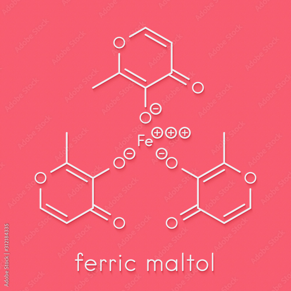 Ferric maltol iron deficiency drug molecule. Skeletal formula. Stock ...