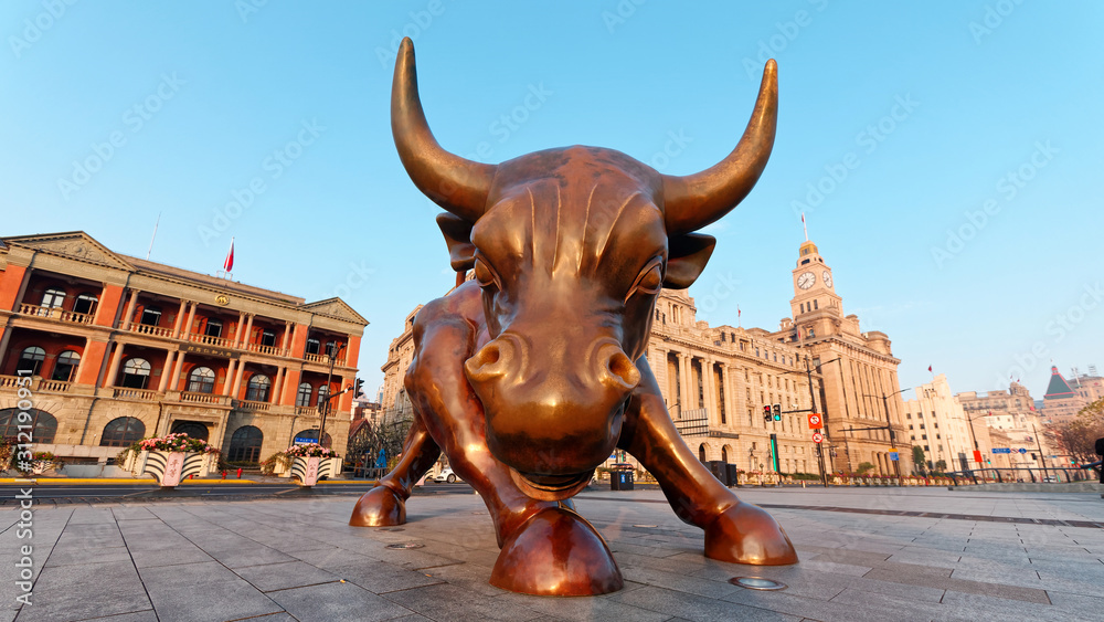 Shanghai, China - Dec. 29, 2019: Bronze bull on The Bund in Shanghai ...