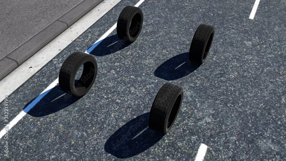 Wheels on Road, Wheel Advertisement Concept, 3D Rendering ilustração do ...