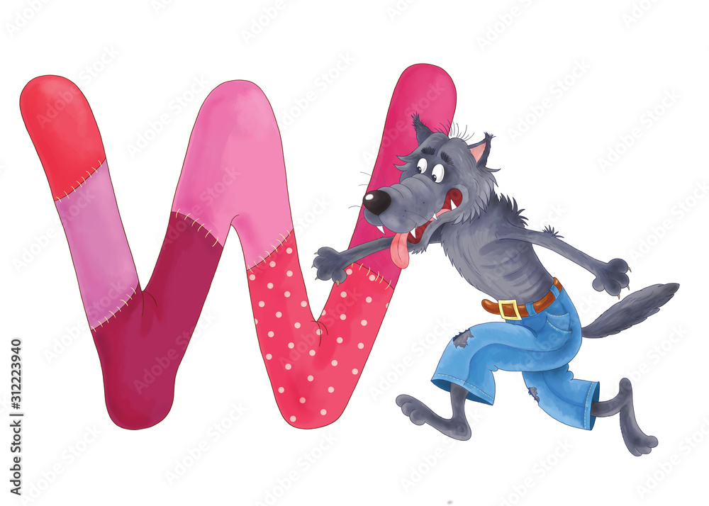 English alphabet. ABC. Capital letter W. Wolf. Educational book ...