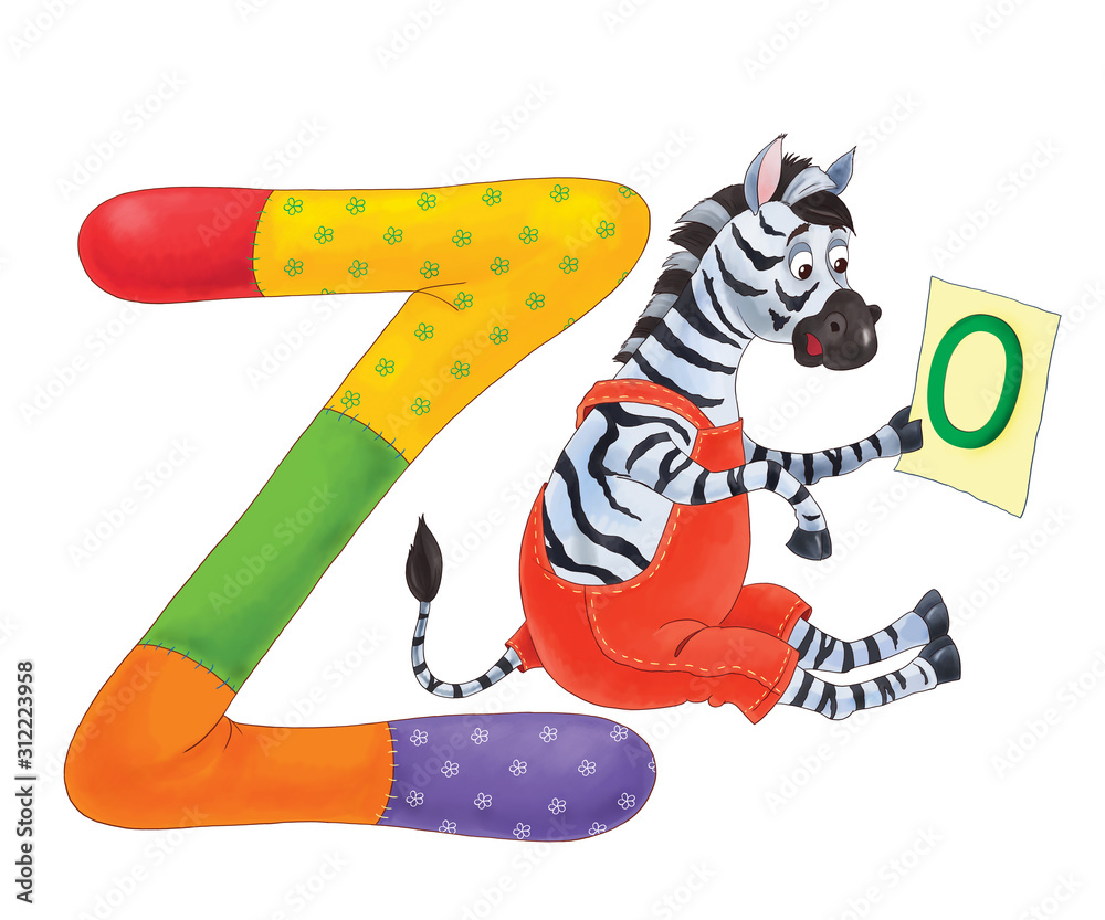 English alphabet. ABC. Capital letter Z. Zebra, zero. Educational book ...