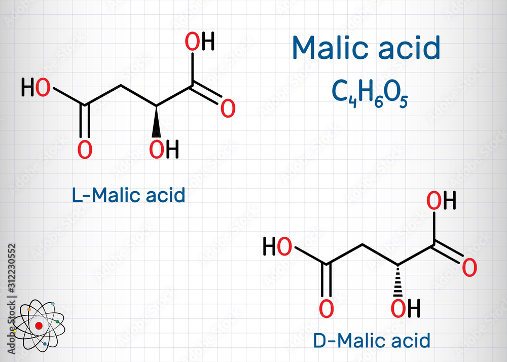 Malic acid, stereoisomeric forms D- and L-malic acid molecule. Skeletal ...