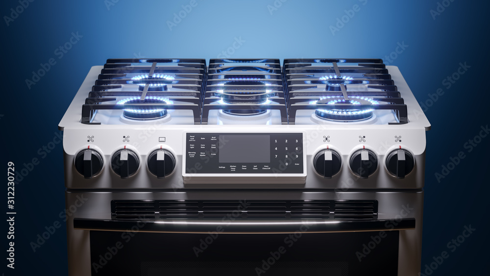 Kitchen household gas stove with lit cooking rings on a dark background ...