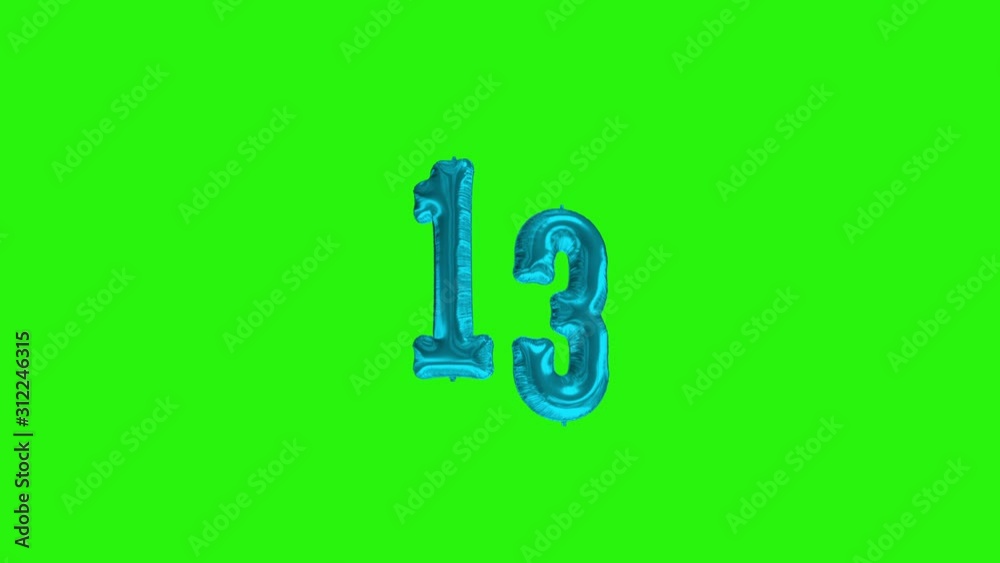 Number 13 thirteen year celebration blue foil balloon floating green ...