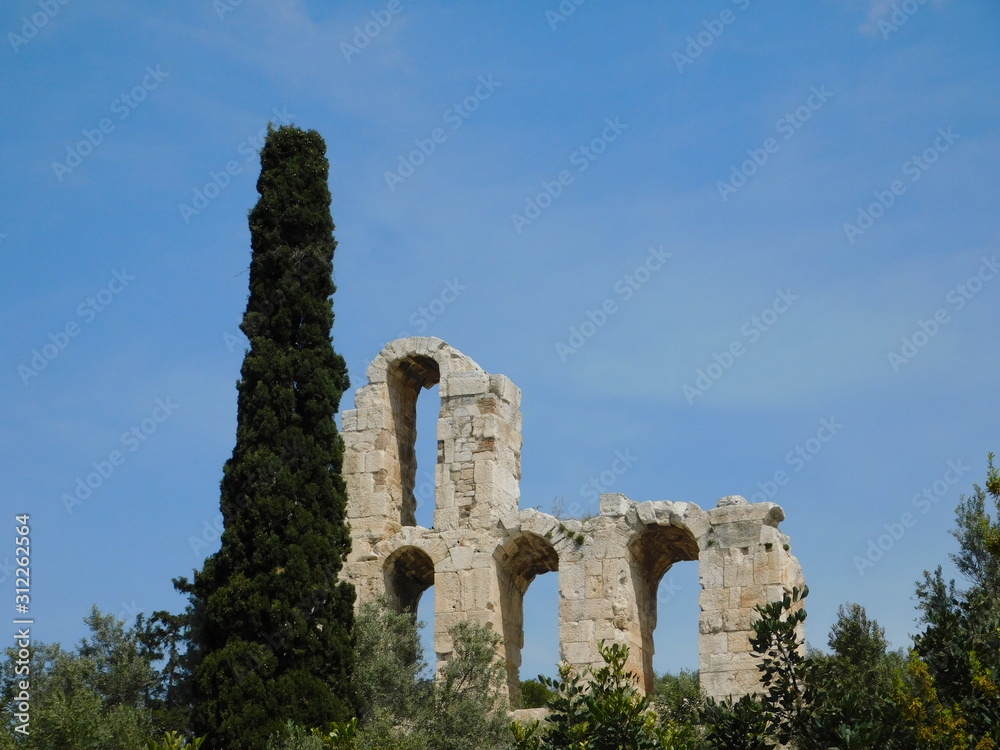 View of the exterior wall arches of the Odeon of Herodes Atticus, or ...