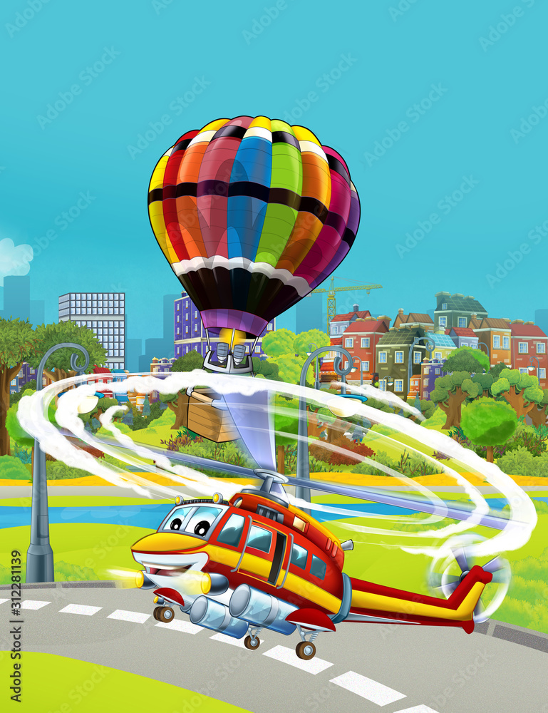 cartoon scene with fireman emergency vehicle helicopter flying near ...