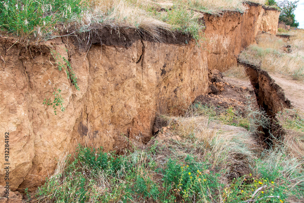 ecological disaster landslide of clay soil after an earthquake, a close ...