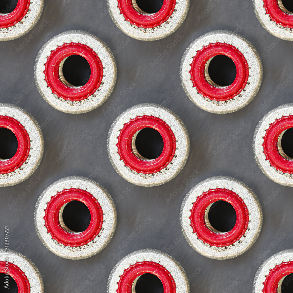 Photographic collage of Flat metal pop rivet nut with red center made ...