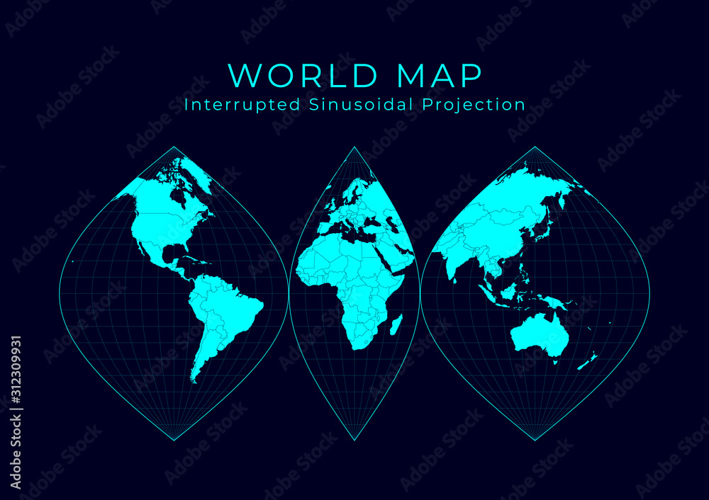 Map of The World. Interrupted sinusoidal projection. Futuristic ...