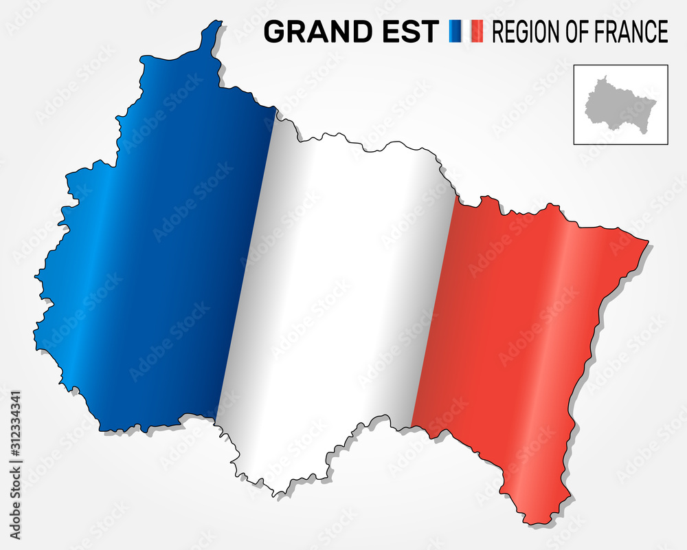 Map of the french region Grand Est combined with waving french national ...