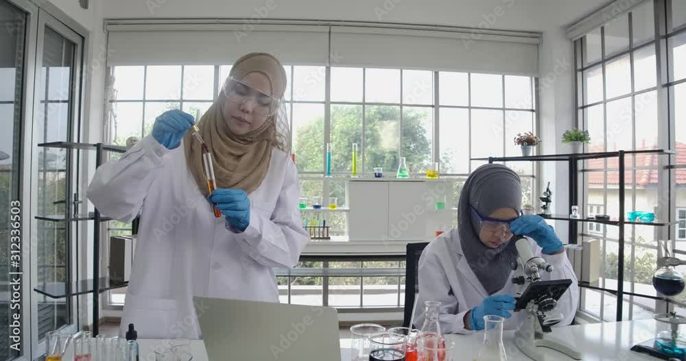 Two young Muslim female researchers working happily in the laboratory ...