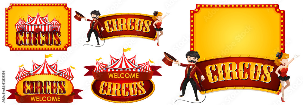 Five designs of circus font on sticker template Stock Vector | Adobe Stock