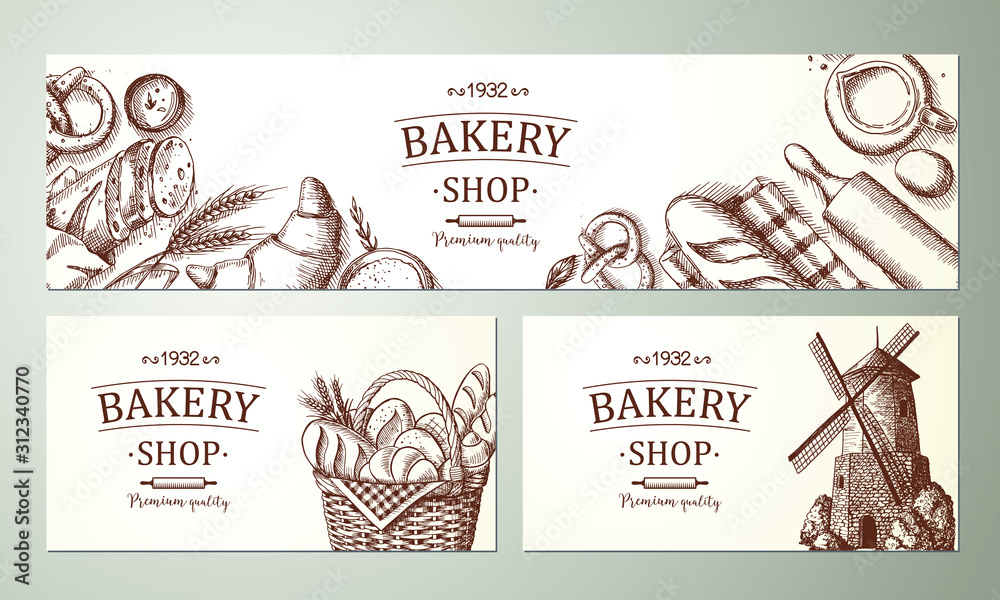 Bakery background. Linear graphic. Bread and pastry collection. Bread ...