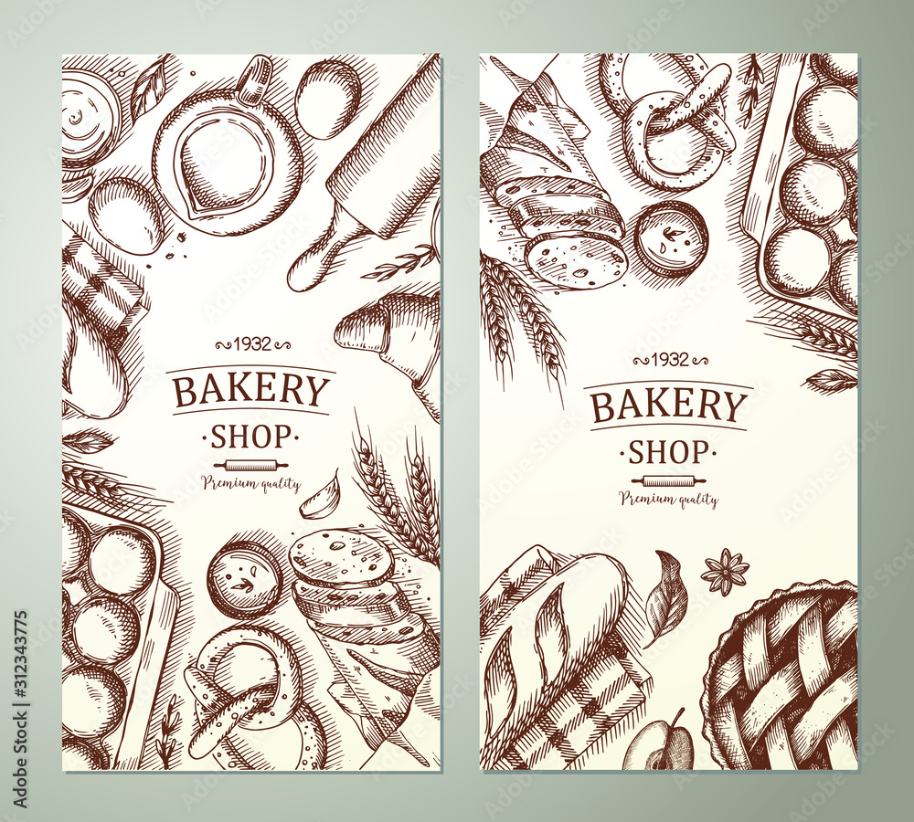 Bakery background. Linear graphic. Bread and pastry collection. Bread ...