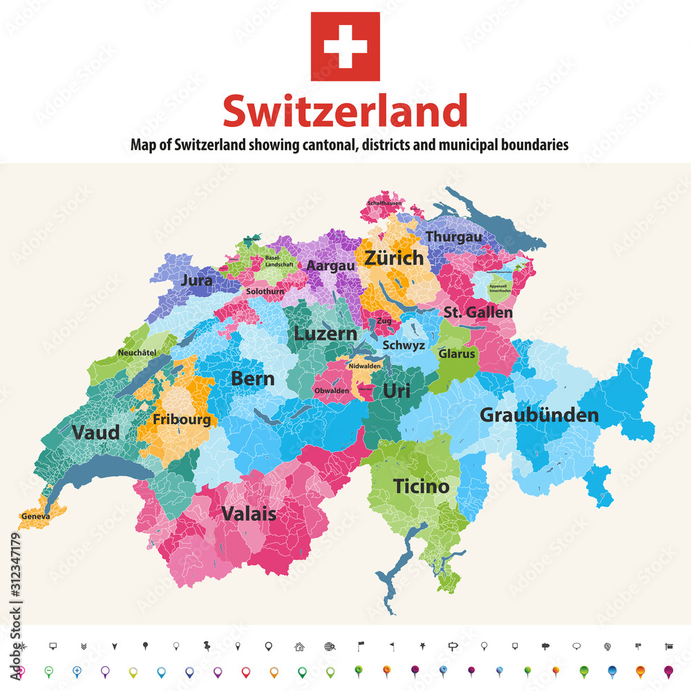 Switzerland vector map showing cantonal, districts and municipal ...