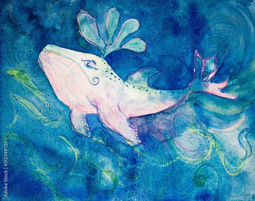 Whimsical whale in curly water wit fishes. The dabbing technique near ...