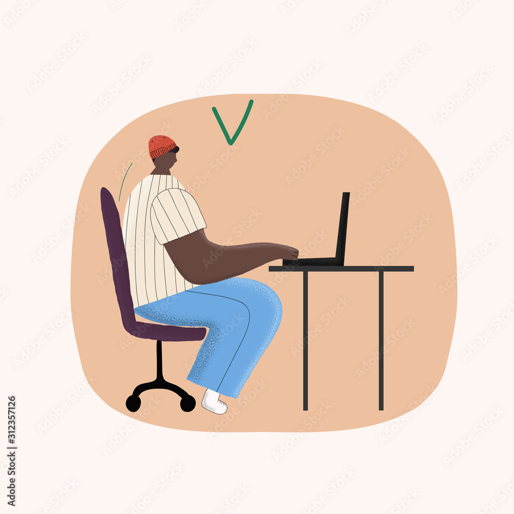 Illustration of good posture during everyday computer work. Afro ...