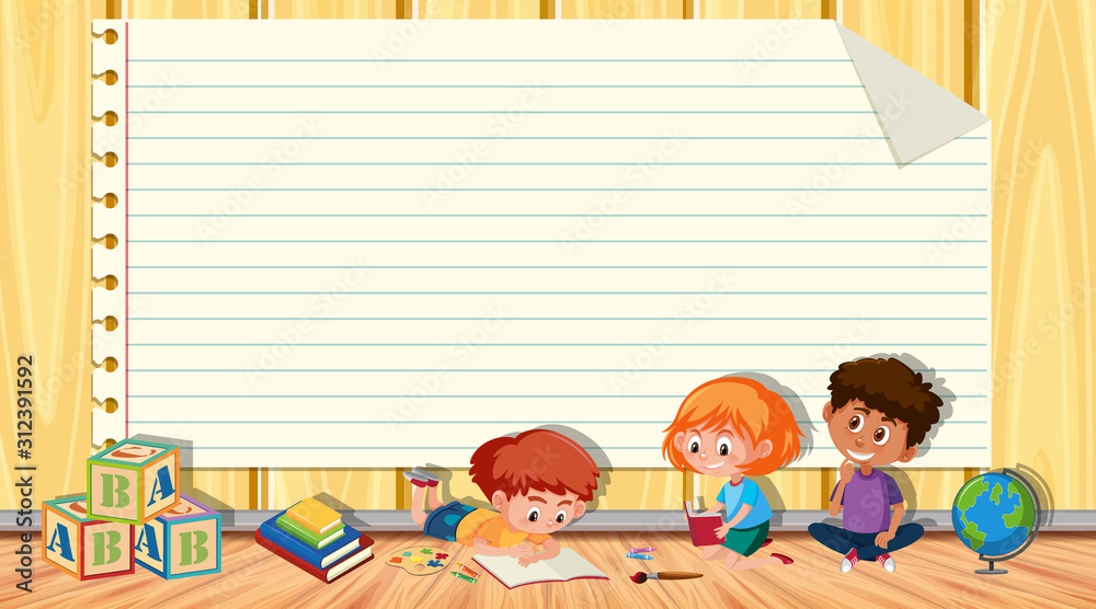 Paper template with three kids reading book in background Stock Vector ...