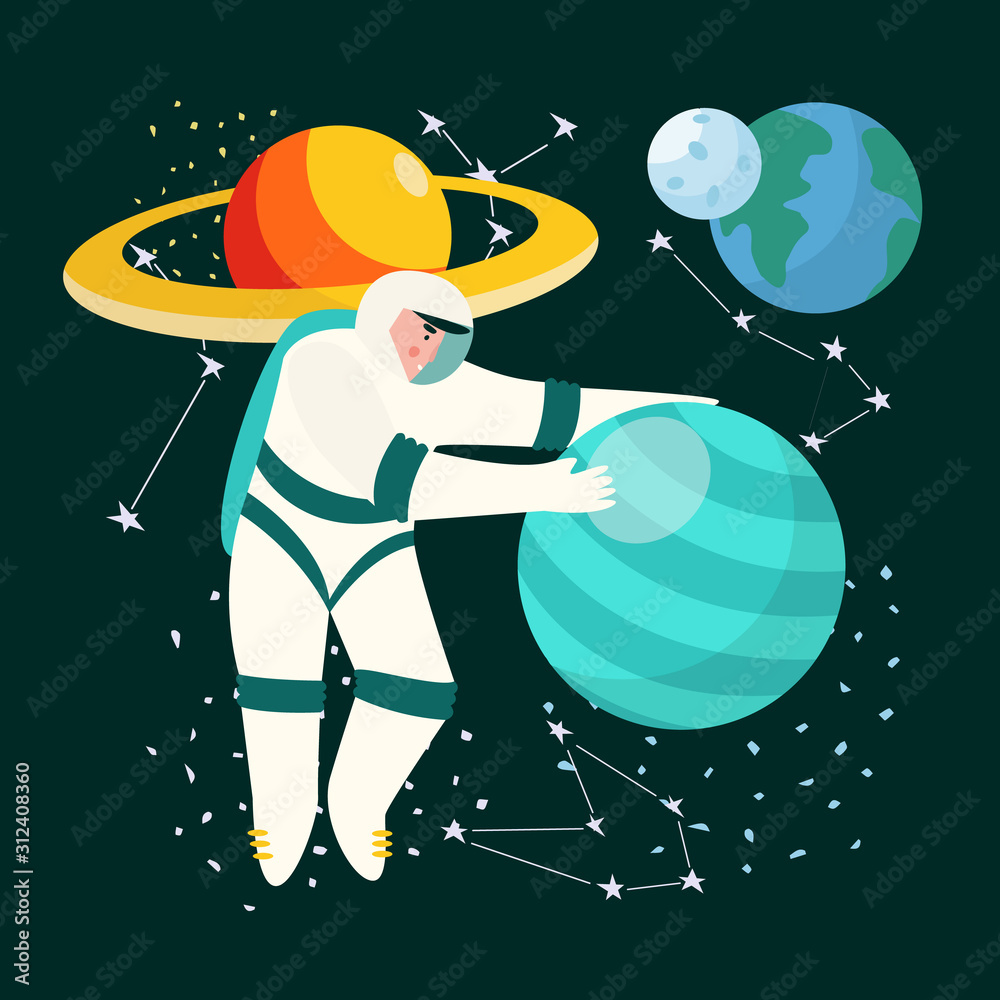 Spaceman in outer space with stars, moon, rocket, asteroids ...