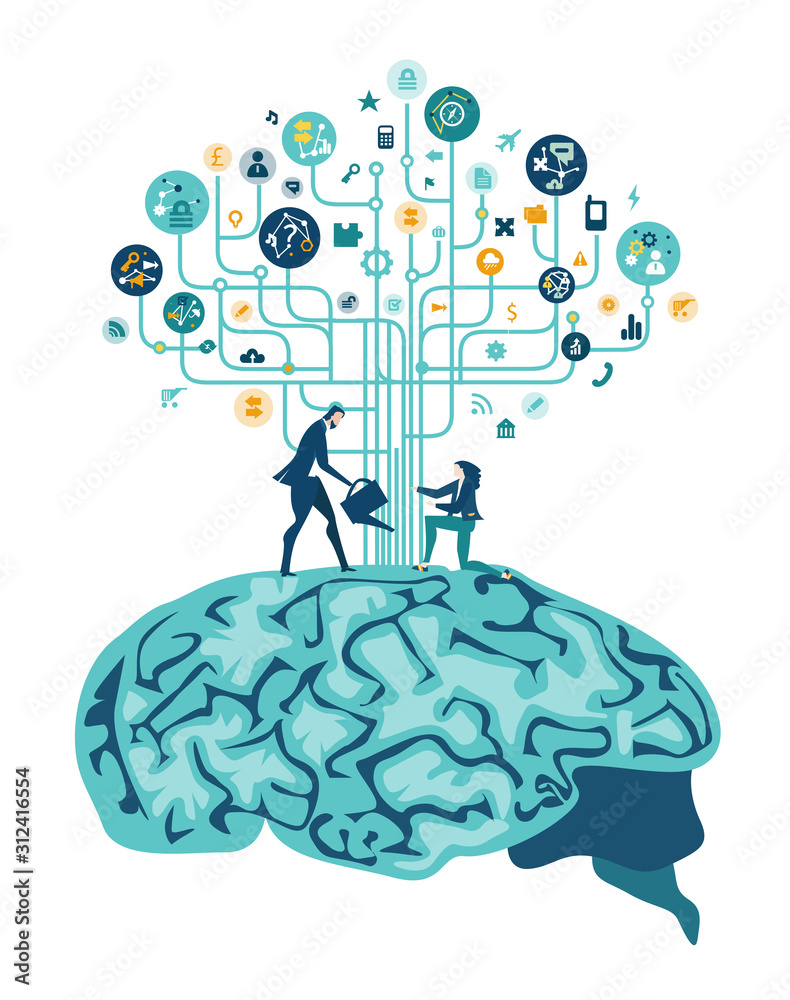 Brain functioning, concept illustration. Two people growing the tech ...