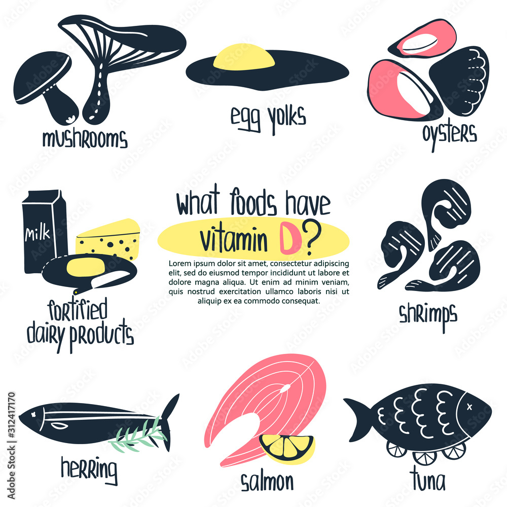 Hand drawn vitamin D food sources: salmon, tuna, herring, shrimps ...