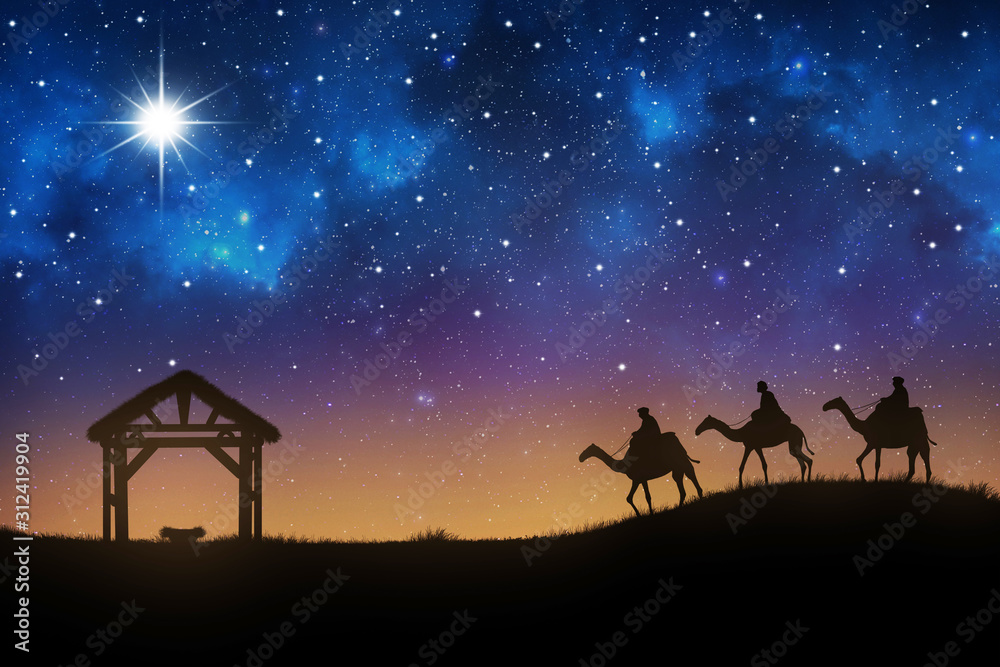Christmas story. Three wise men go for the star of Bethlehem. Stock ...