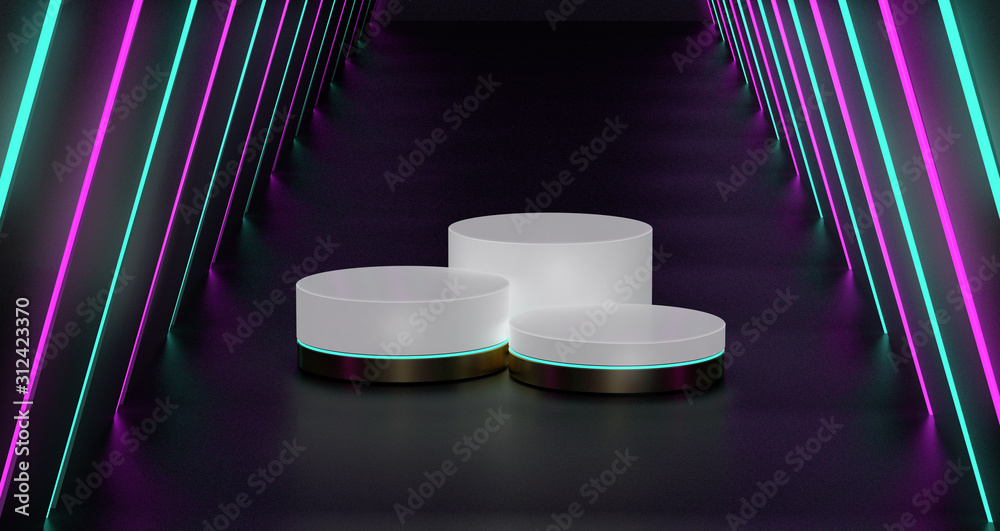 3d render, neon light rods, pink and blue vertical lines, tunnel in ...