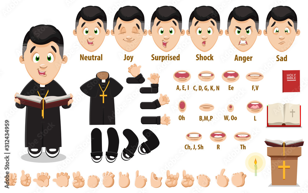 Cartoon catholic priest constructor for animation. Parts of body, set ...