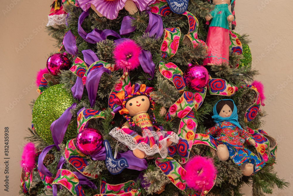 Christmas tree with traditional Mexican decorations, rag dolls ...