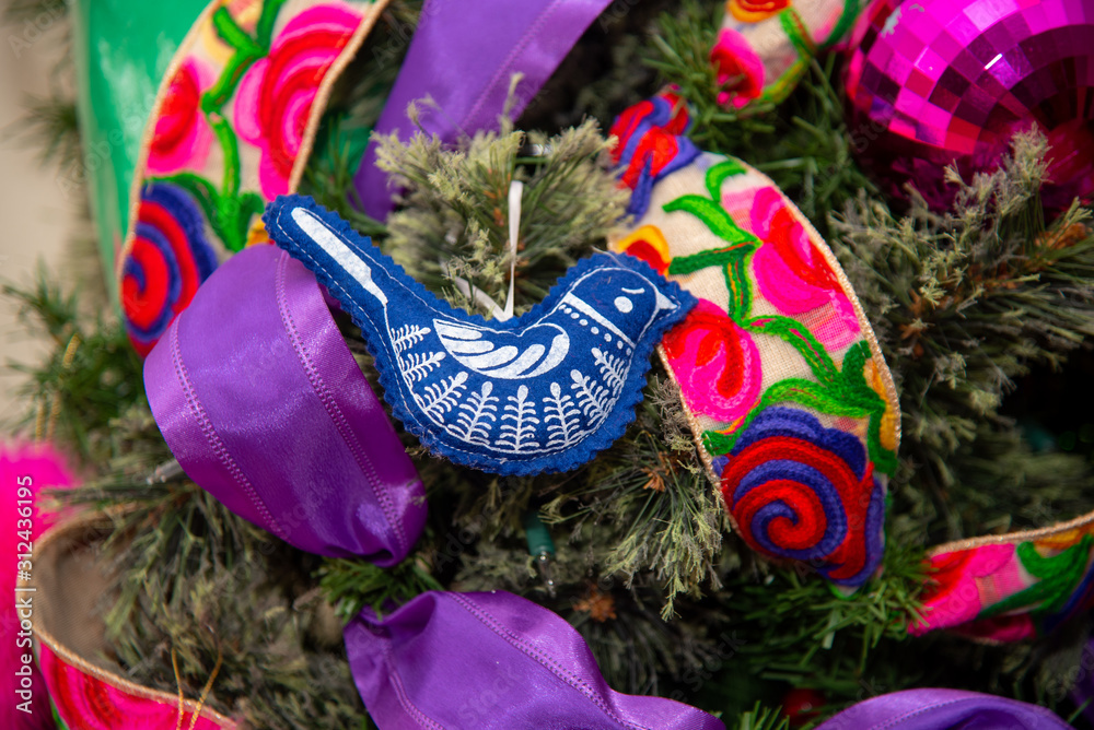 Christmas tree with traditional Mexican decorations, rag dolls ...