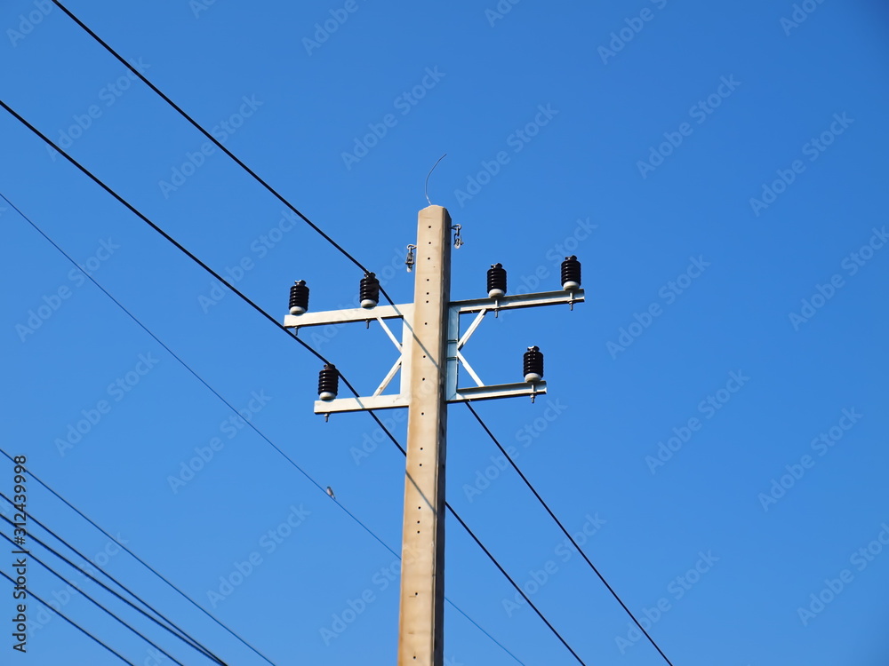 Electricity Poles And Wires Connection Of High Voltage Electric Cables