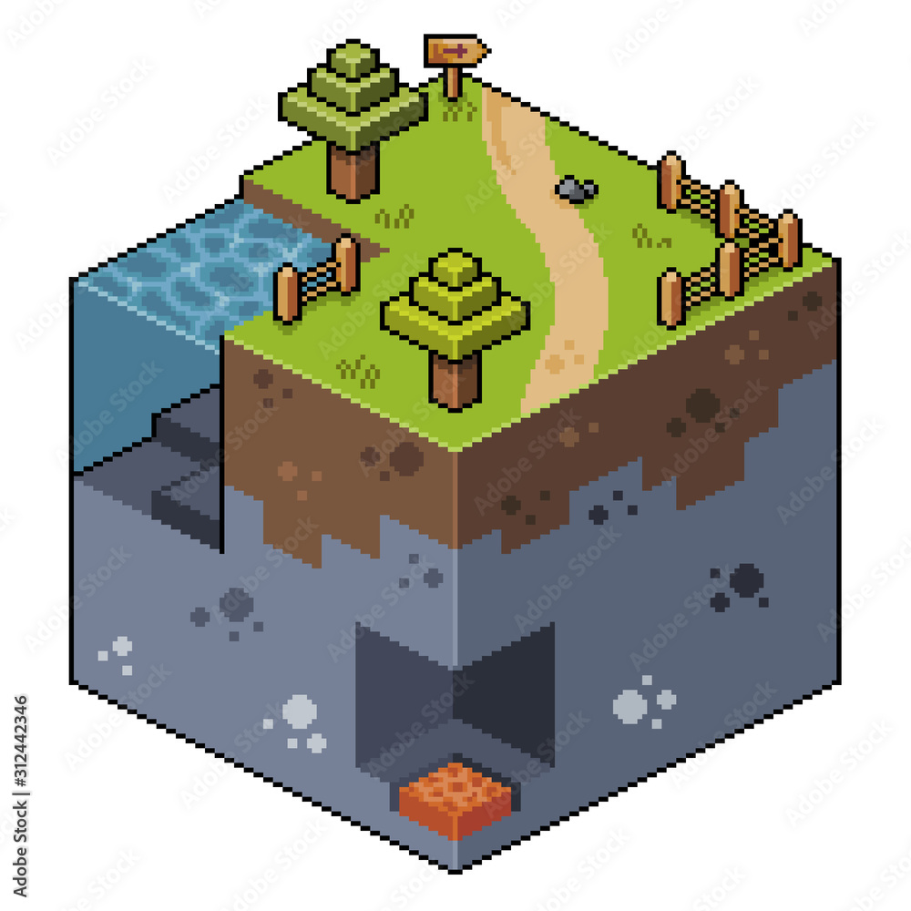 Pixel art isometric landscape with trees, lake and cave 8bit Stock ...