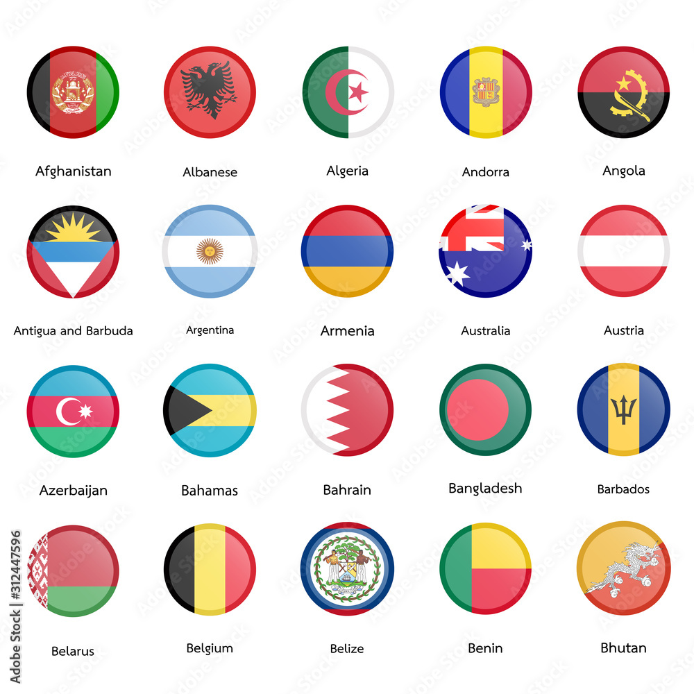 set official national flags of the world. Country round shape flags ...