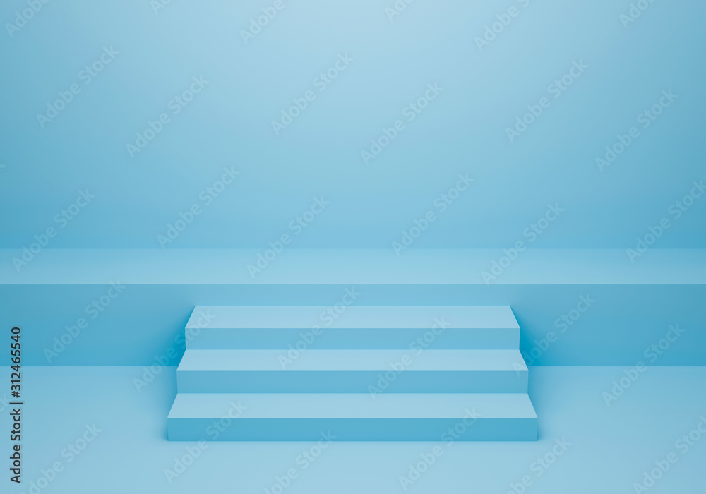 Blue stairs up front view. Pastel color room background with stairway ...