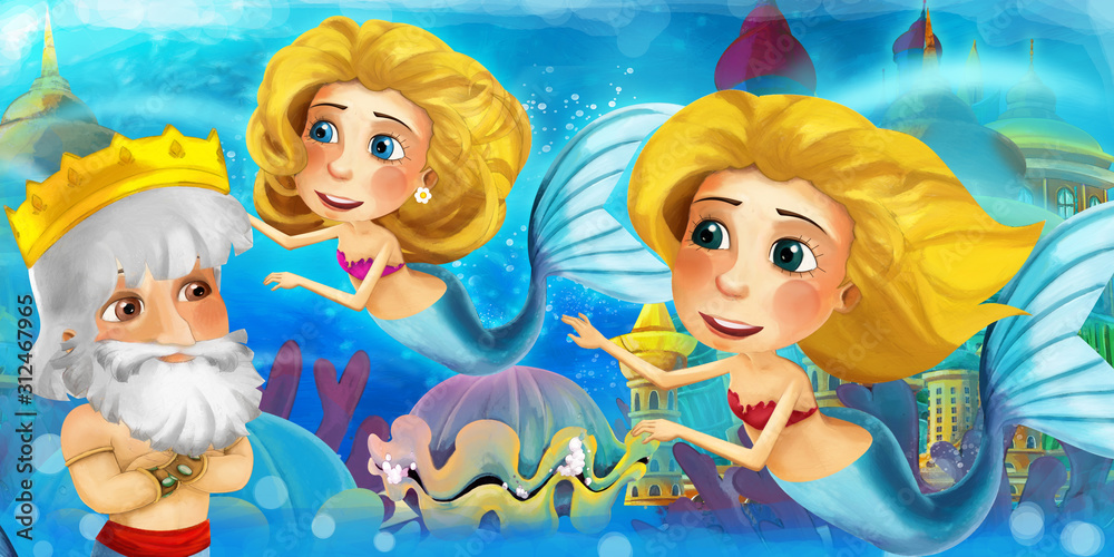 Cartoon ocean and the mermaid in underwater kingdom swimming and having ...