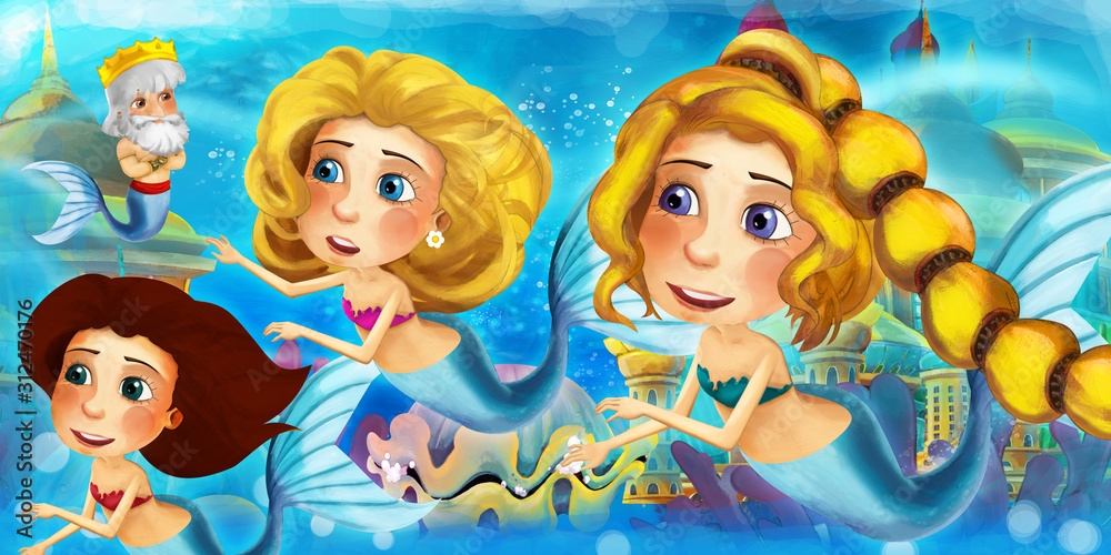 Cartoon ocean and the mermaid in underwater kingdom swimming and having ...
