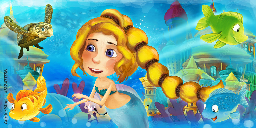 Cartoon ocean and the mermaid in underwater kingdom swimming with ...